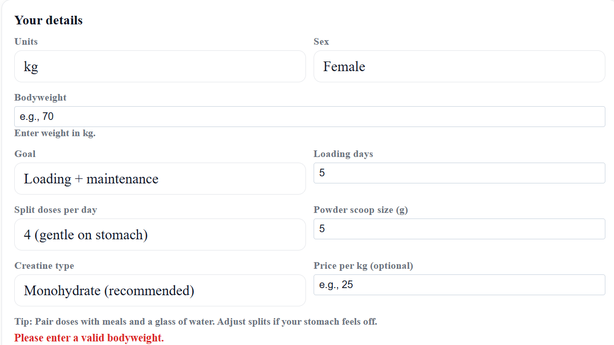 Free Spinto Creatine Calculator: Exact Loading & Dose 2025